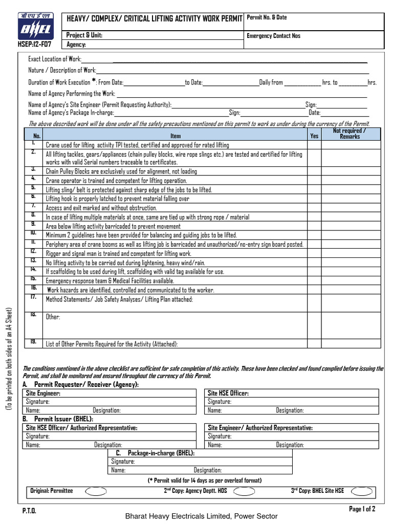 HSEP12F07_Critical Lifting Activity Permit | PDF