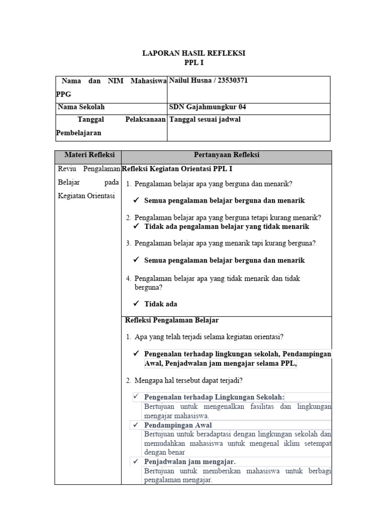 Lampiran 7. LK 6 Contoh Format Laporan Hasil Refleksi PPL I | PDF