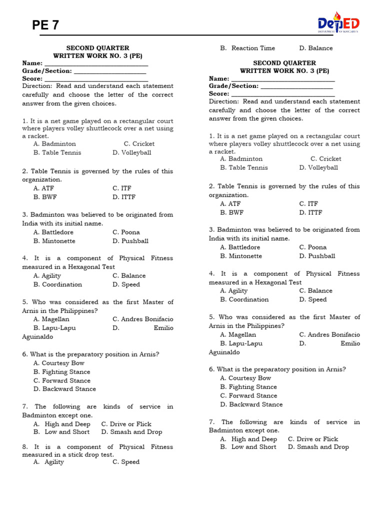 Pe 7 Q2 WT3 | PDF | Entertainment | Sports