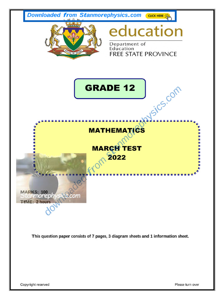 Free State Maths March 2022 Grade 12 QP and Memo | PDF