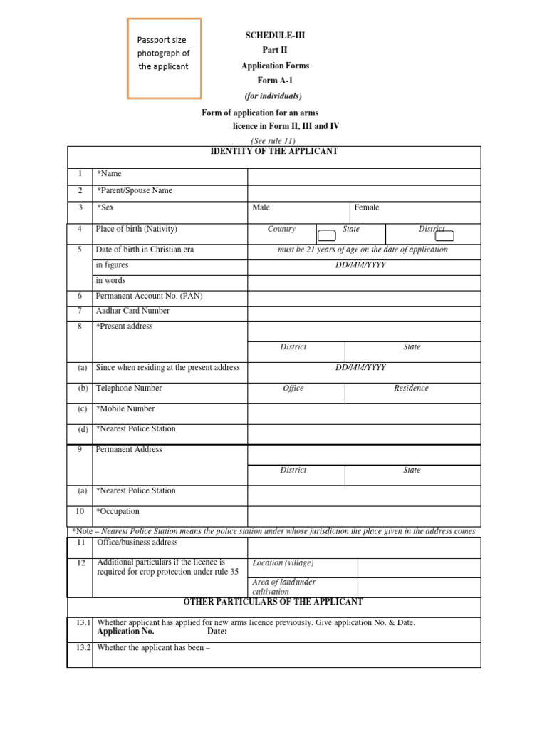 Arms License Application Form A-1 | PDF