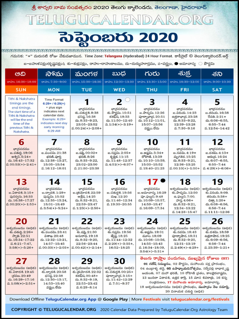 Telangana Telugu Calendar 2020 September | PDF