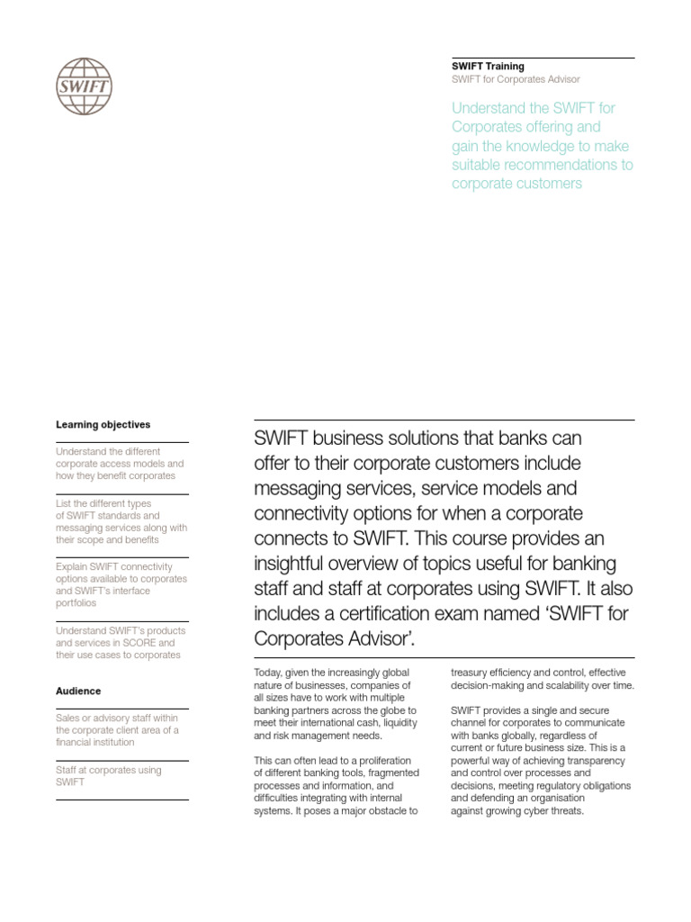 SWIFT Training for Corporate Advisors | PDF | Banks | Information