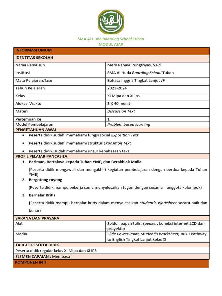 Modul Ajar Big Tingkat Lanjut Kelas Xi Discussion | PDF