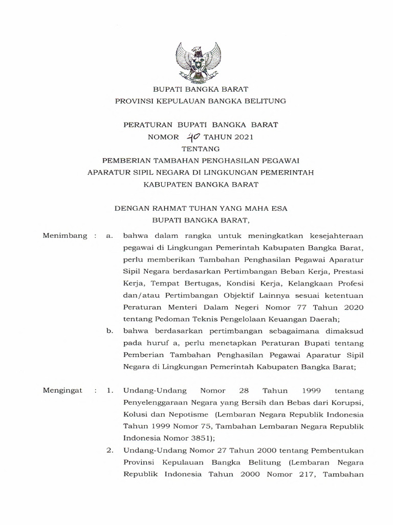 Perbup Nomor 40 Tahun 2021 Tentang Tpp | PDF