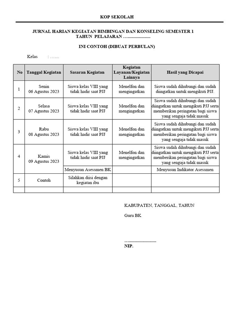 Contoh Pengisian Jurnal Guru BK | PDF