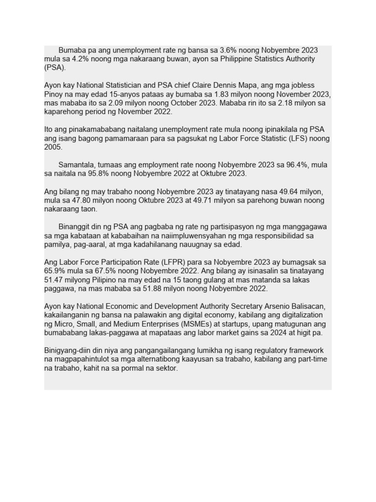 Bumaba Pa Ang Unemployment Rate NG Bansa Sa 3 | PDF Bumaba Pa Ang Unemployment Rate NG Bansa Sa 3 | PDF