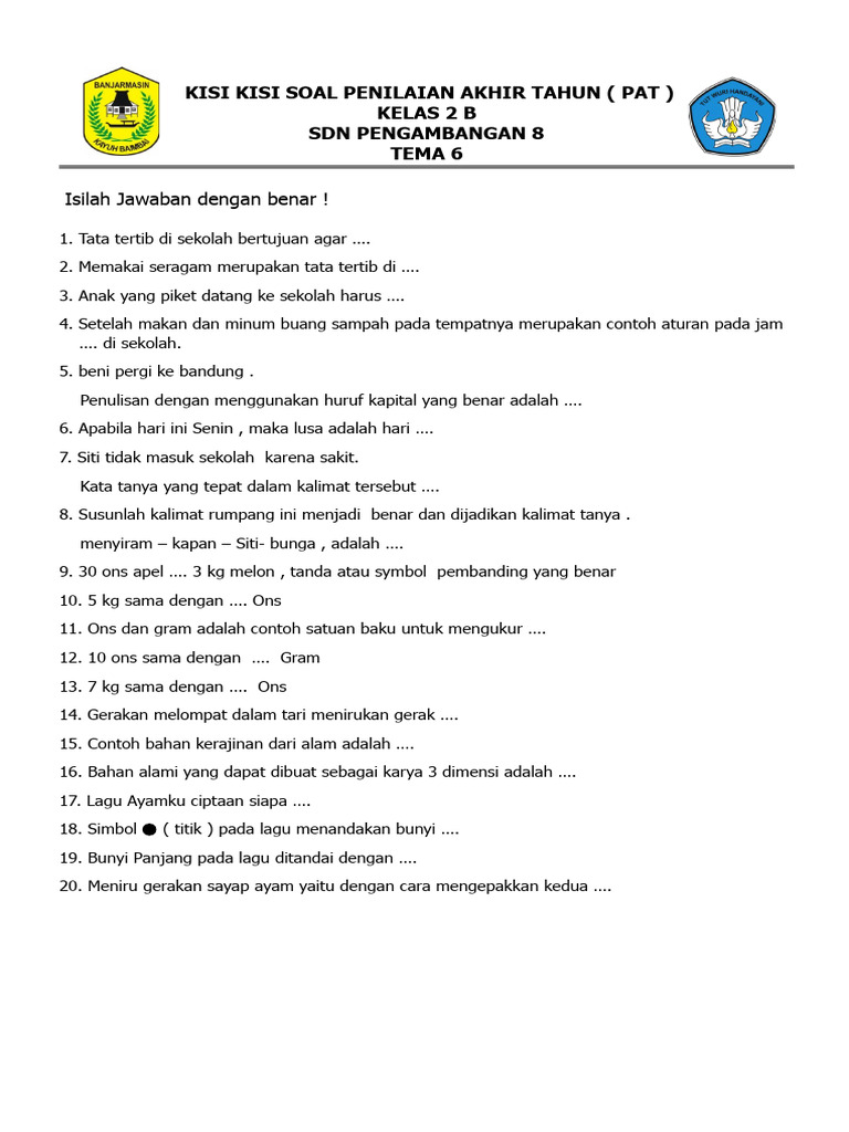 Kisi Kisi Soal Pat Tema 6 Kelas 2 SD (Misbah) | PDF