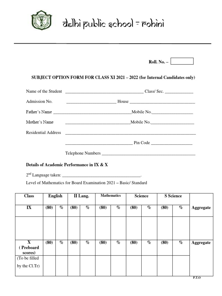 Subject Option Form Class XI Internal 2020-21 | PDF | Qualifications | Student Assessment And ...