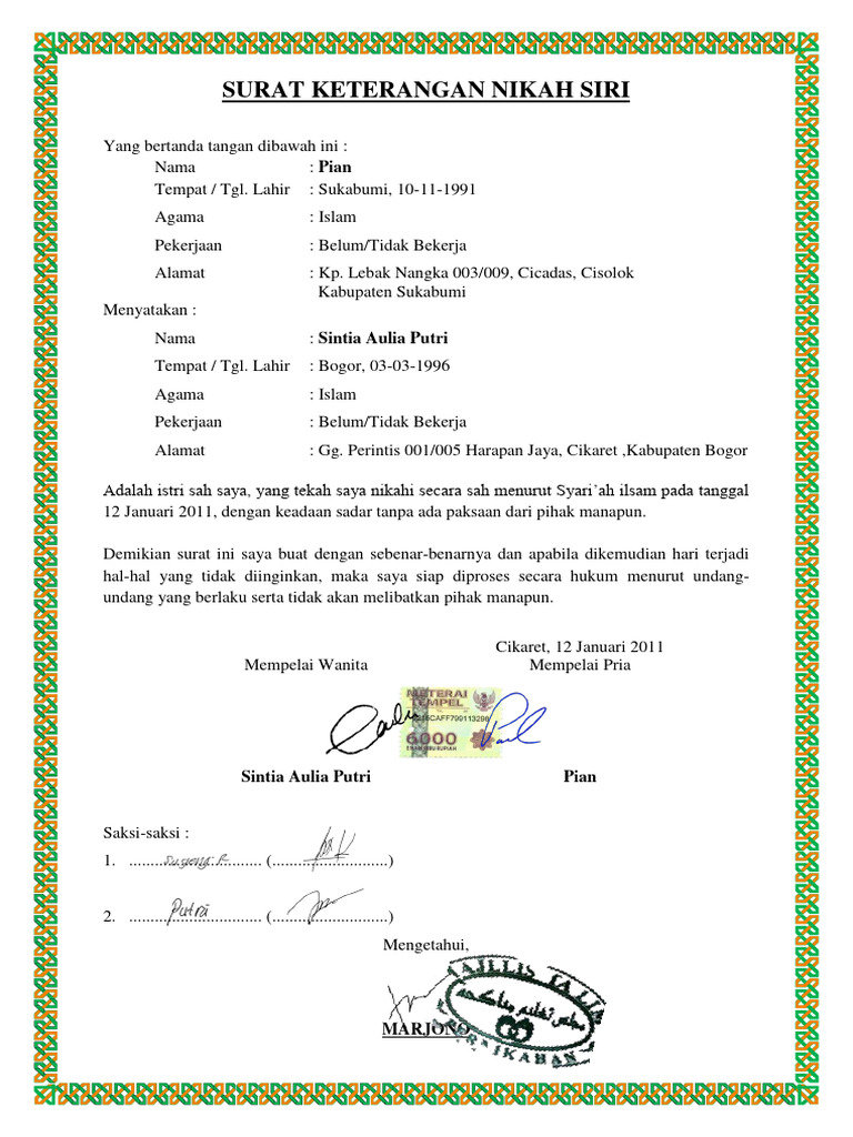 Surat Keterangan Nikah Siri | PDF