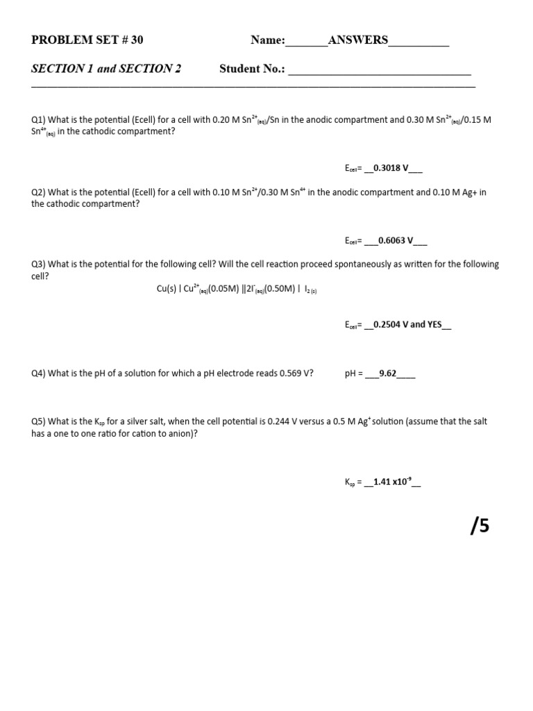 Electrochemistry Problem Set Answers | PDF | Science & Mathematics