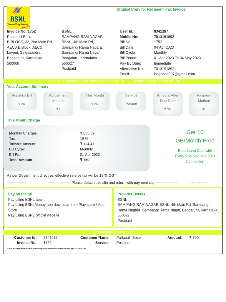BSNL Recharge Receipt | PDF