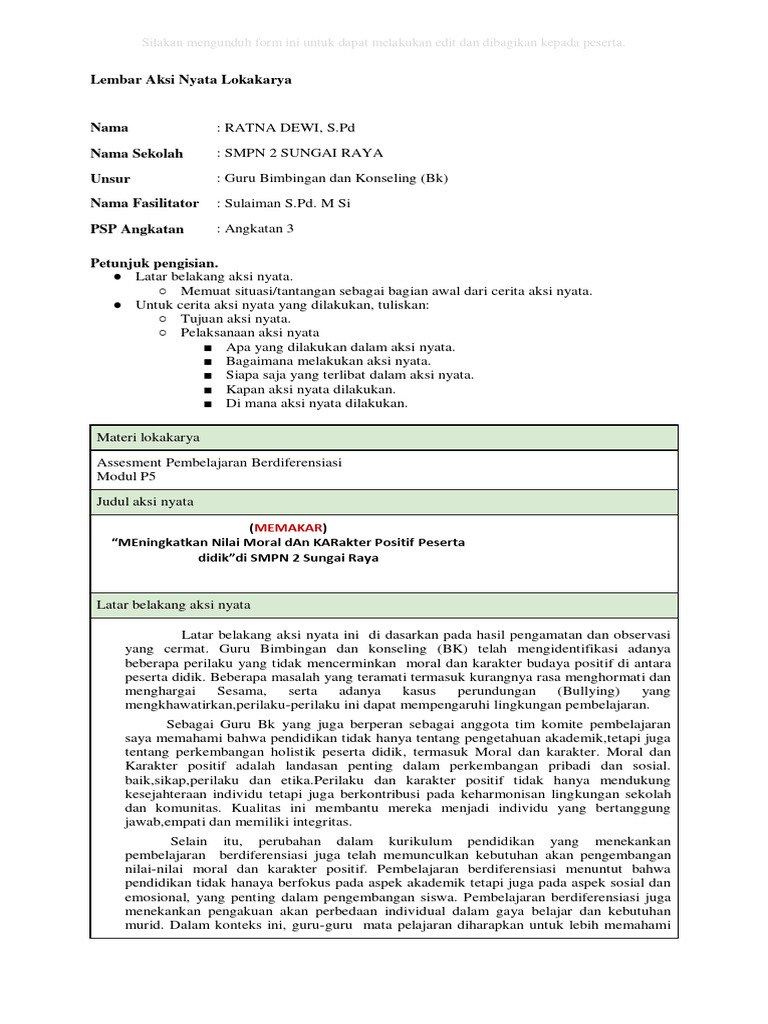 Lembar Aksi Nyata Lokakarya Ratna Dewi, S.PD | PDF