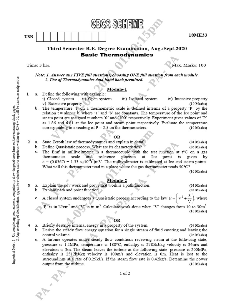 Thermodynamics VTU Previous Year Question Papers | PDF