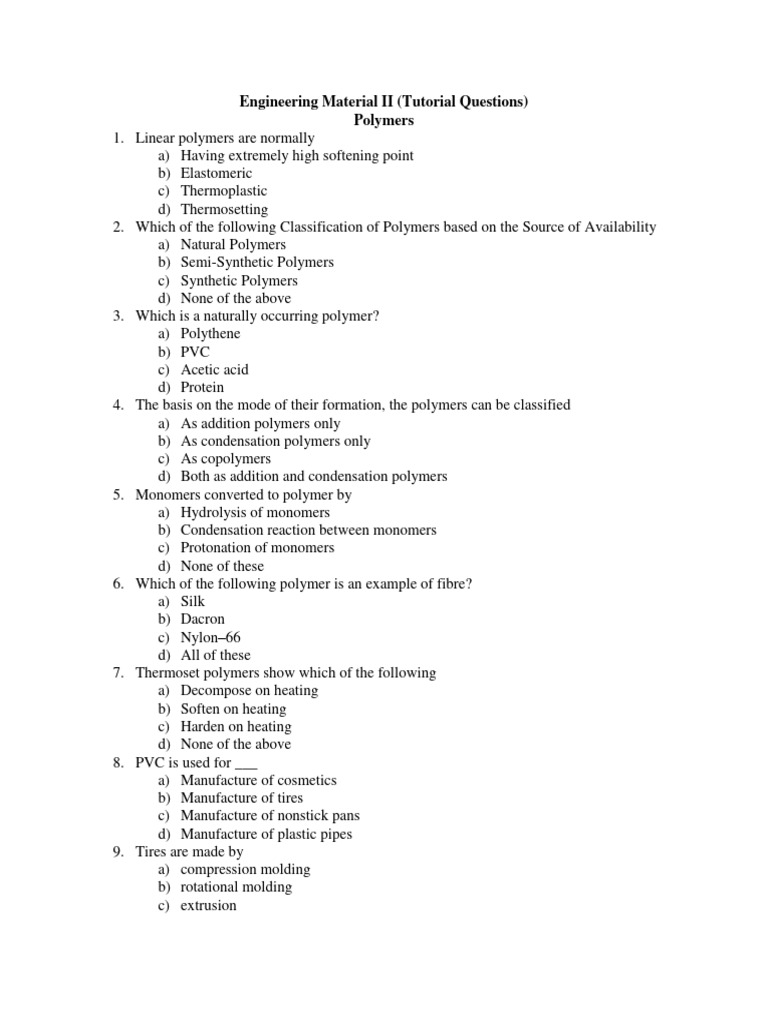 Engineering Materials II: Polymer & Ceramic Quiz | PDF | Technology ...