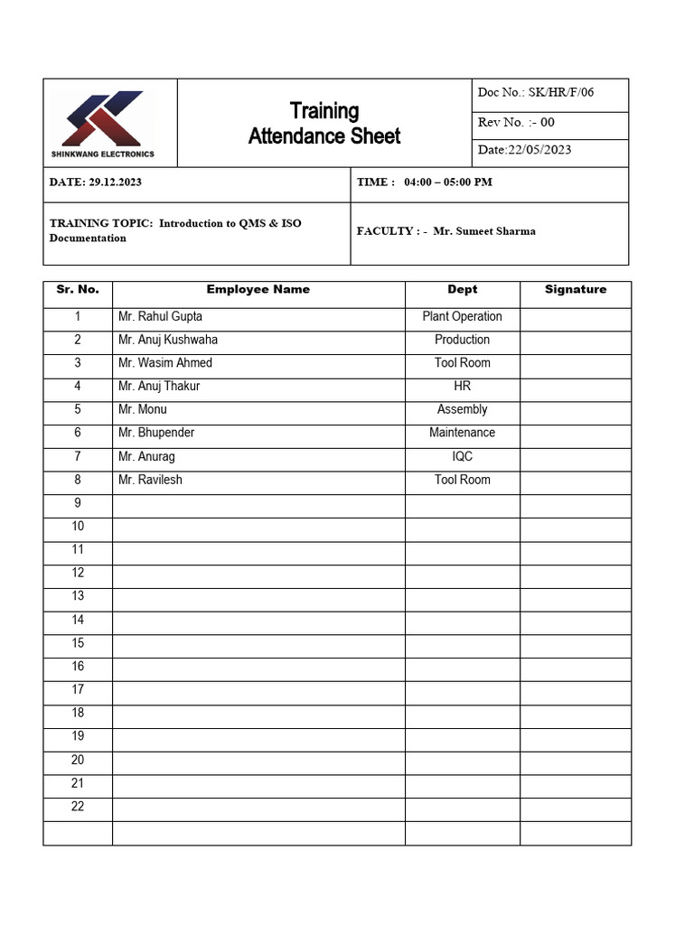 QMS & ISO Training Attendance Sheet | PDF