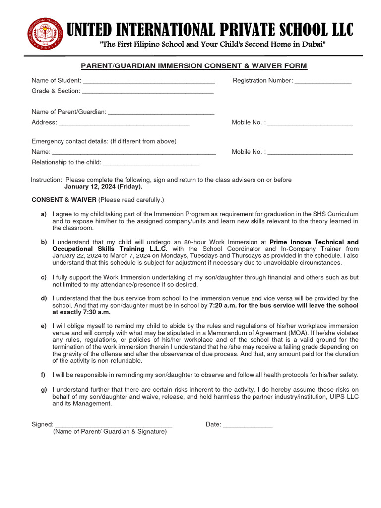 Work Immersion - Parent Consent and Waiver Form | PDF | Career & Growth