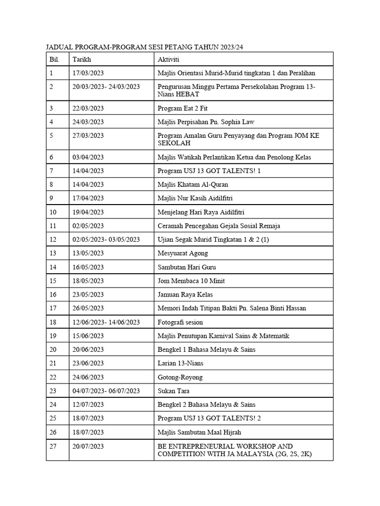 Jadual Program-Program Sesi Petang Tahun 2023 - 24 | PDF