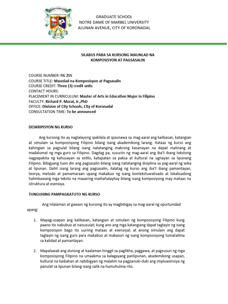 Silabus Maunlad Na Komposisyon at Pagsasalin | PDF