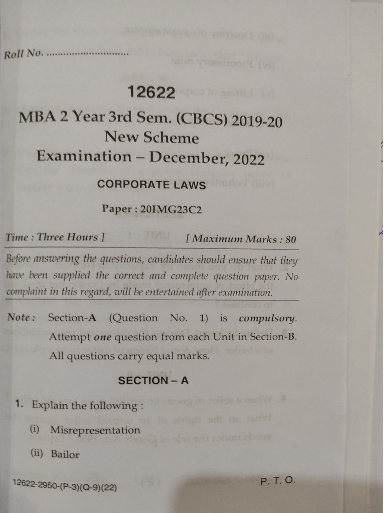 Corporate Law Questions Paper 2022 | PDF
