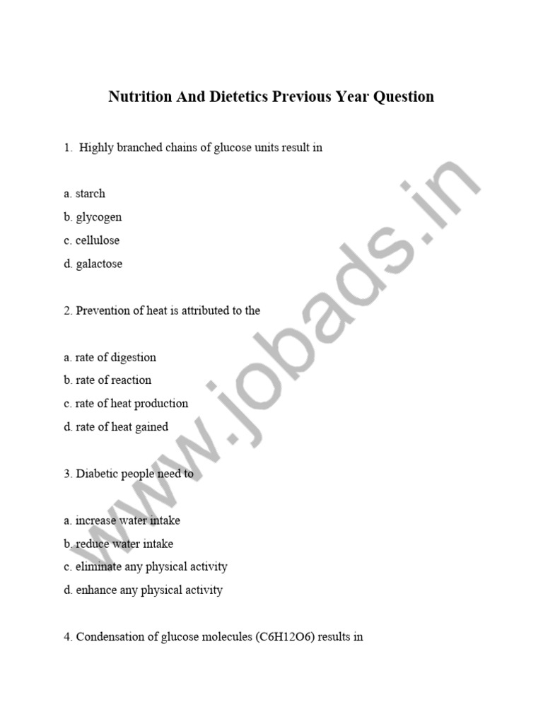 Nutrition and Dietetics Exam Questions | PDF | Wellness | Science ...