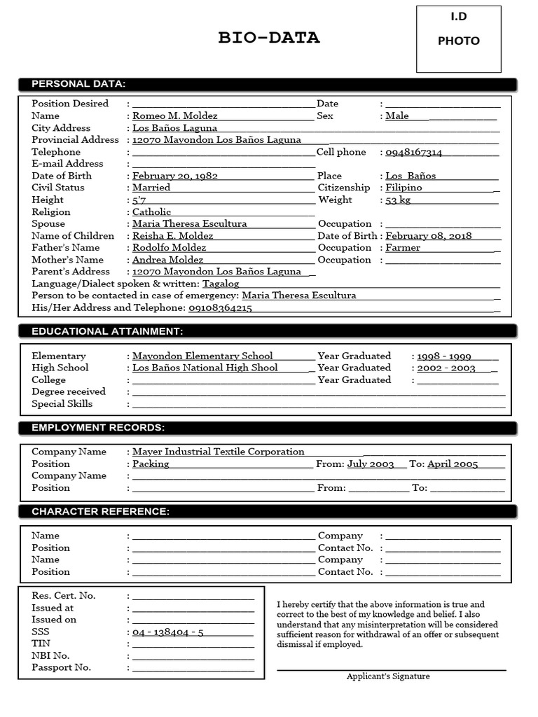 Bio Data Form | PDF