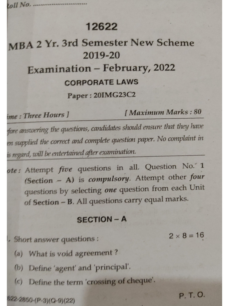 Company Law Previous Question Paper, Mba | PDF