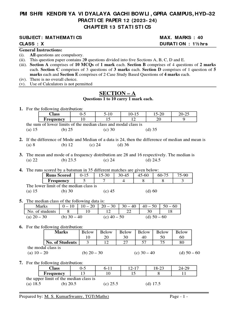 Maths Class X Chapter 13 Statistics Practice Paper 12 | PDF | Arithmetic Mean | Clinical Medicine