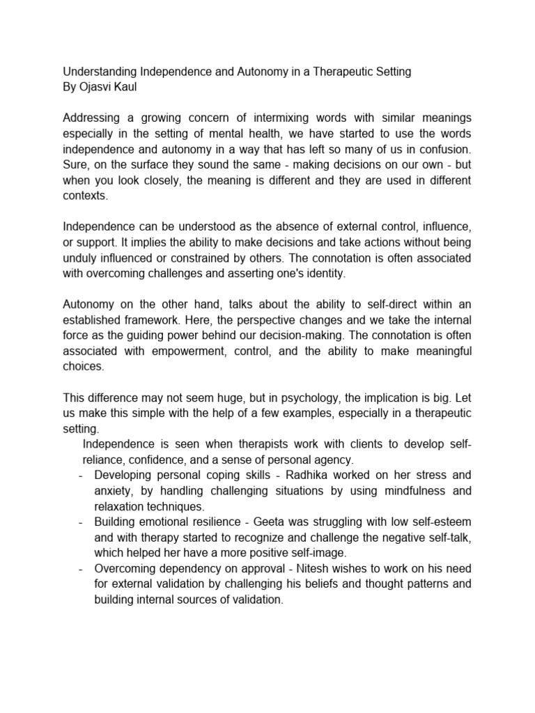 Autonomy vs Independence in Therapy | PDF | Psychotherapy | Autonomy