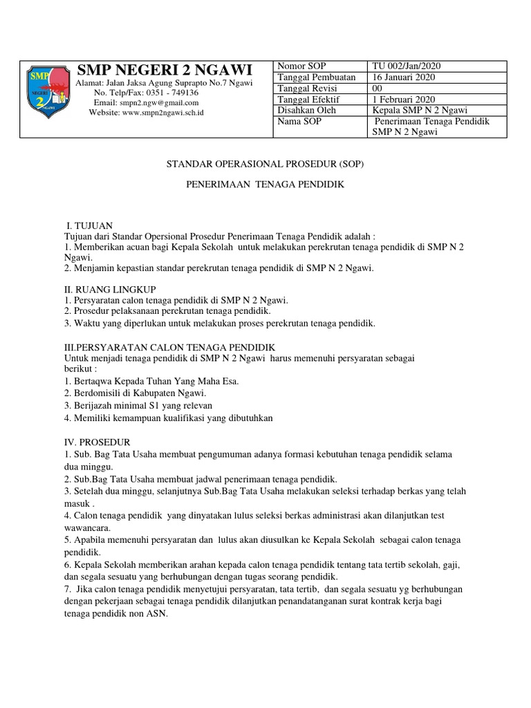 Sop Penerimaan Tenaga Pendidik SMP 2 | PDF