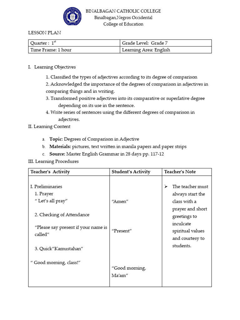 Lesson Plan | PDF | Adjective | English Language