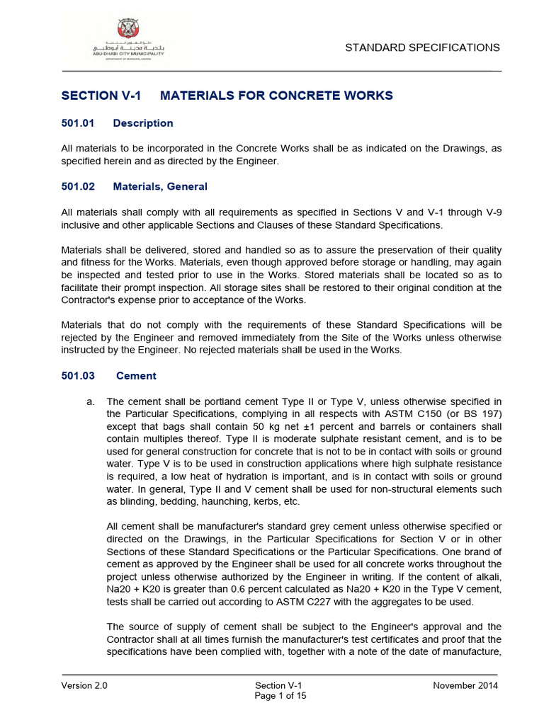 Concrete ADM STD Specifications For K-140 SRC & K-250 SRC ROAD Works | PDF | Concrete | Cement