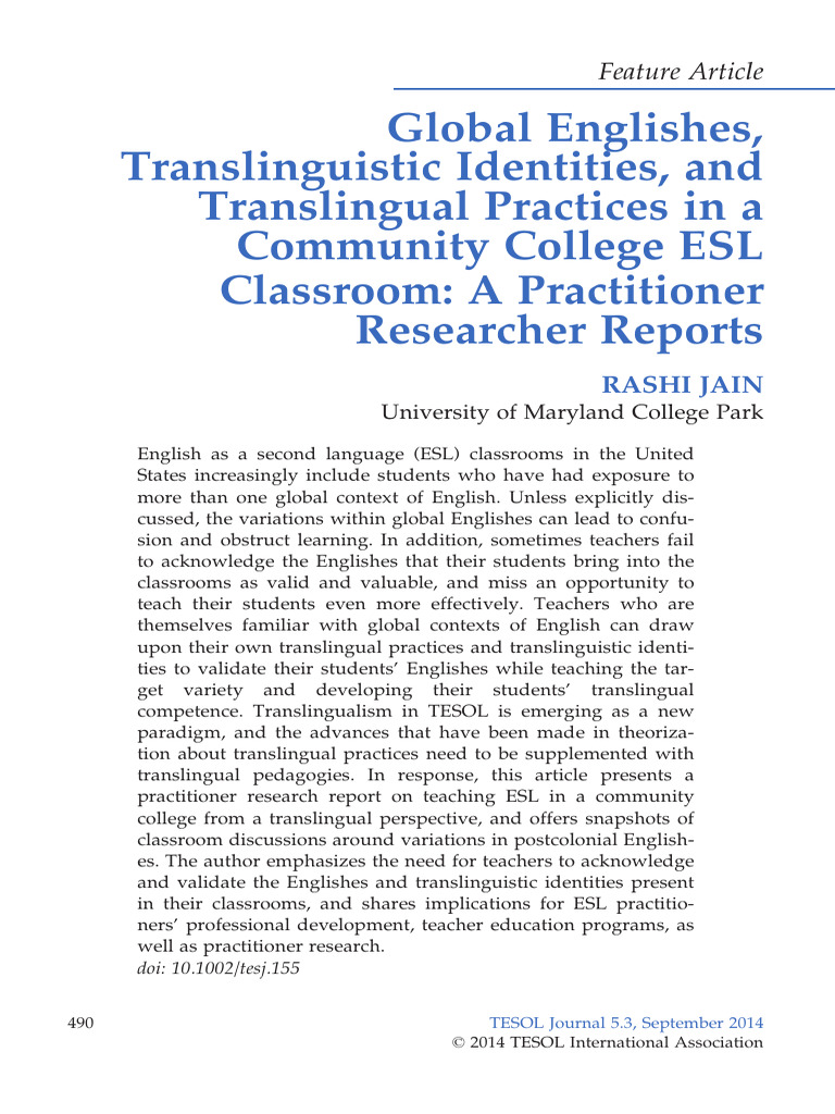 TESOL Journal - 2014 - Jain - Global Englishes Translinguistic ...