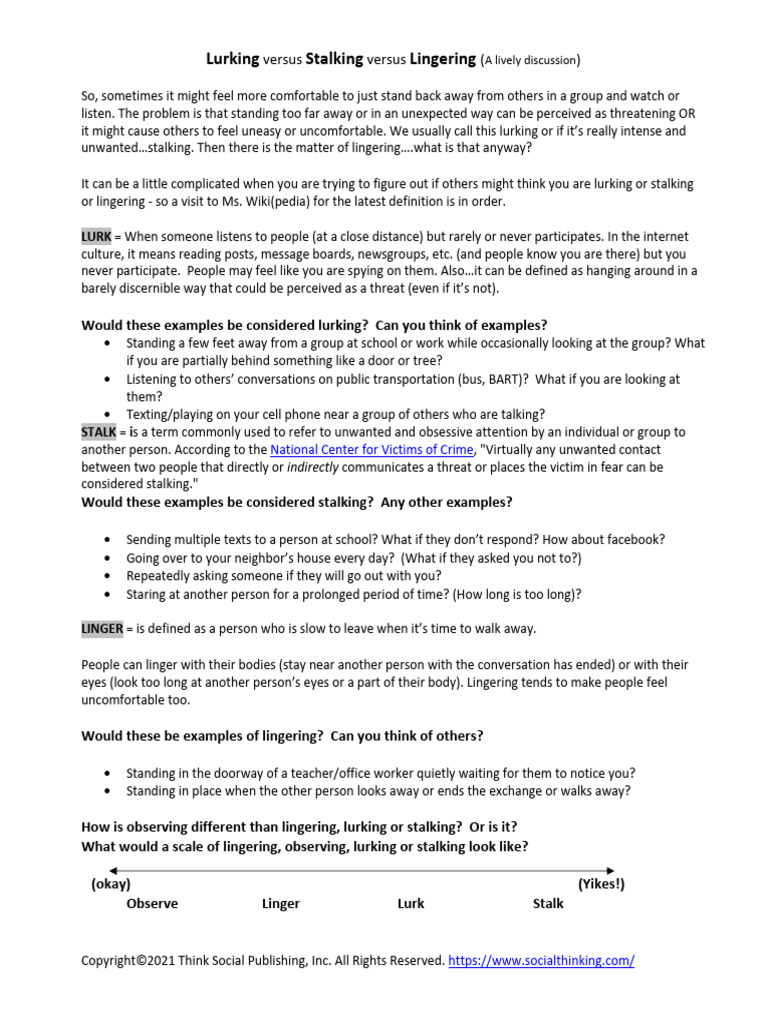 Lurking Versus Stalking Versus Lingering Essay | PDF | Self-Improvement