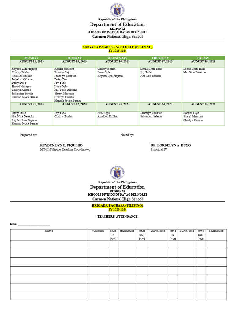 Brigada Pagbasa Schedule 2023-2024 | PDF