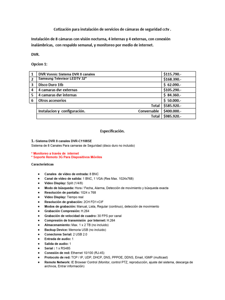 Ejemplo De Cotizacion Para La Instalacion De Camaras De Seguridad Pdf