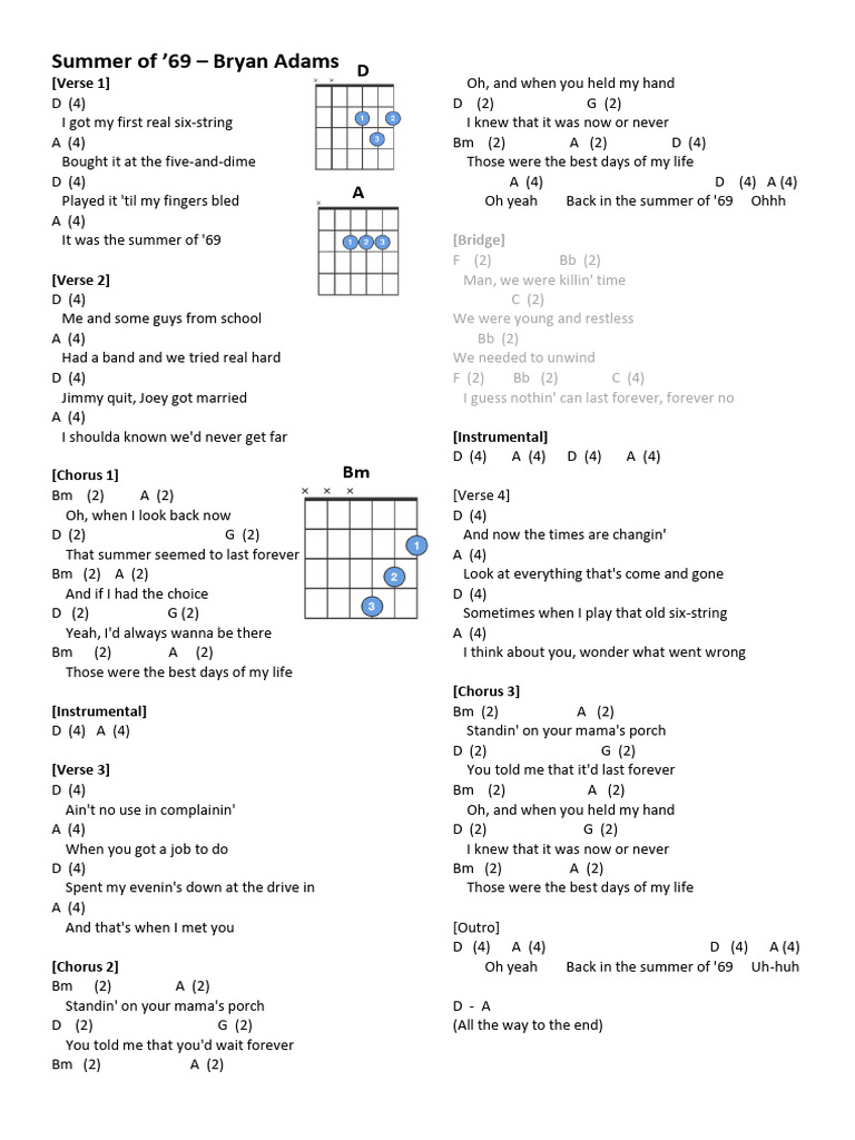 Summer of 69 Guitar Chords | PDF