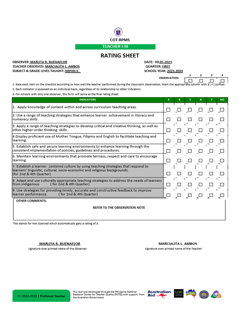 Rpms Rating Sheet Sy 2023 2024 | PDF