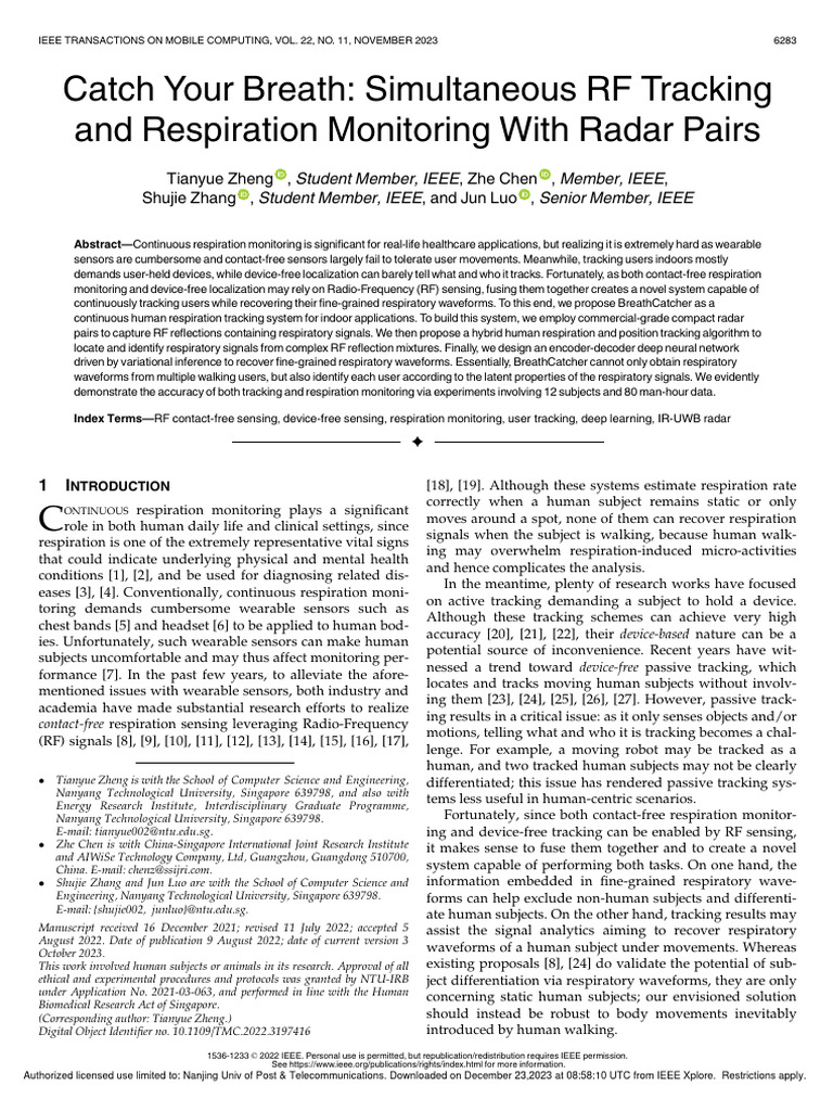 Catch Your Breath Simultaneous RF Tracking and Respiration Monitoring With Radar Pairs | PDF