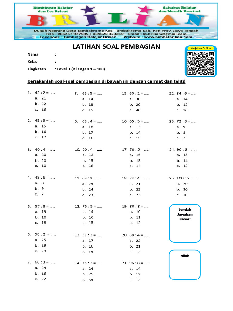 Soal Pembagian Level 3 - Bilangan 1 - 100 | PDF | Metode & Bahan Ajar