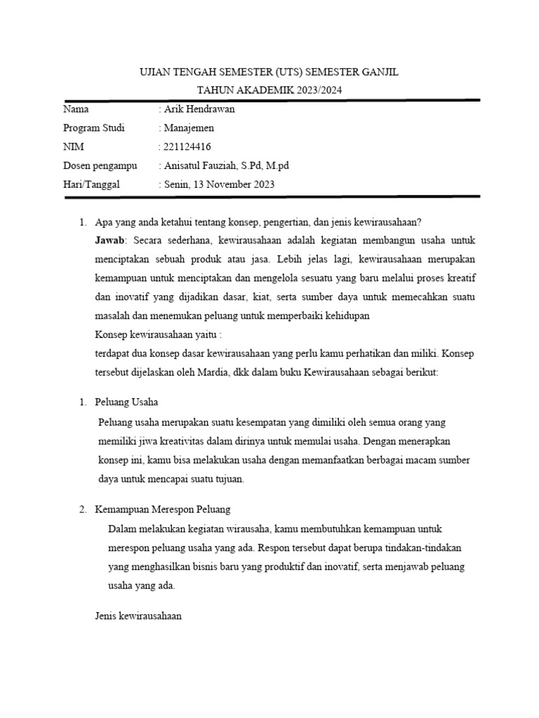 UTS Kewirausahaan Manajemen | PDF