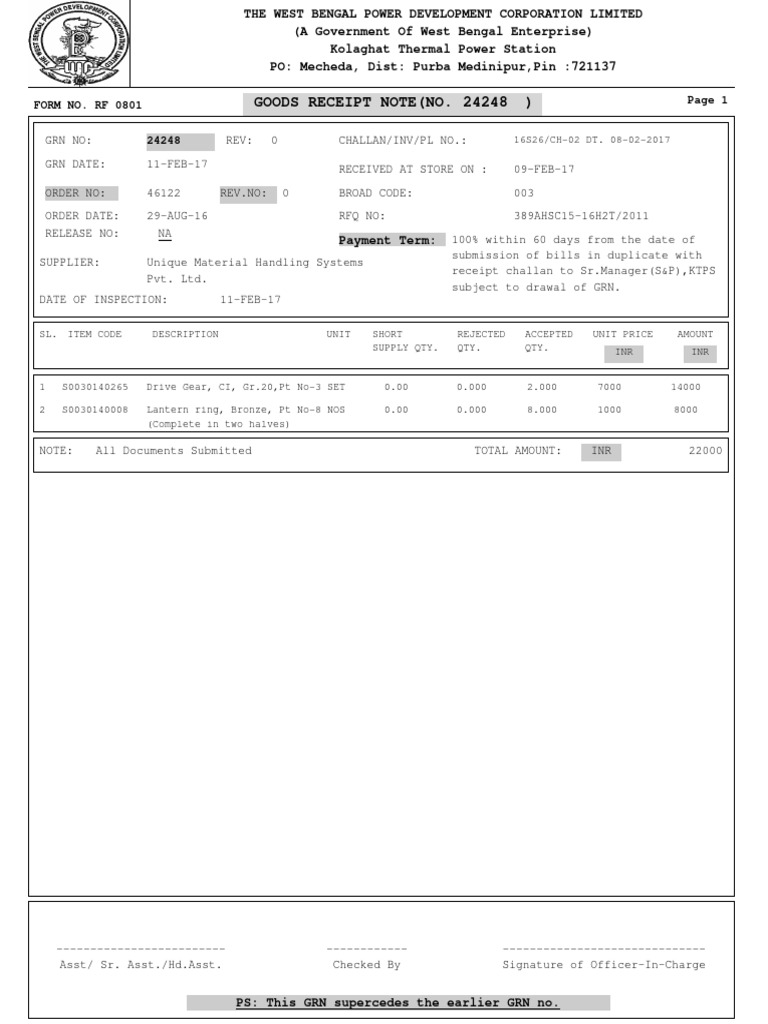 Goods Receipt Note (No. 24248) | PDF