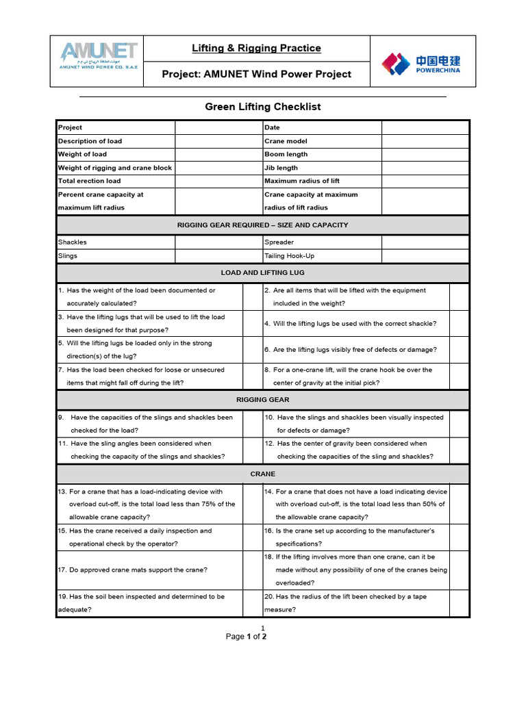 Green Lifting Checklist | PDF | Crane (Machine) | Equipment