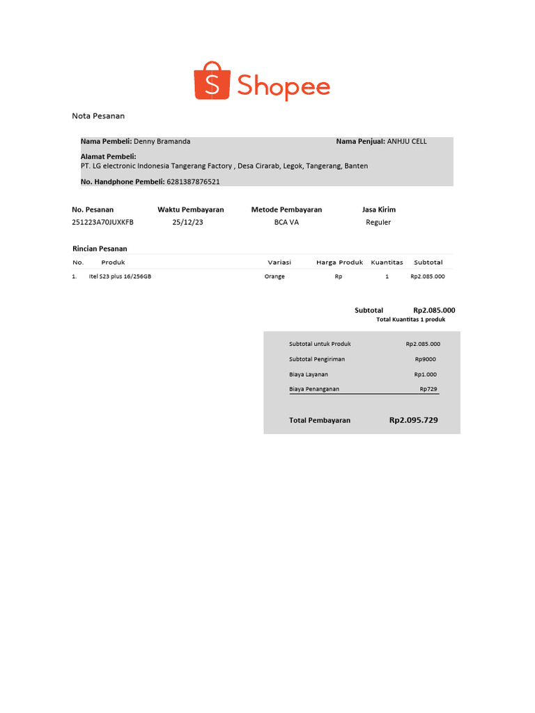 Invoice Shopee Itel s23 plus | PDF