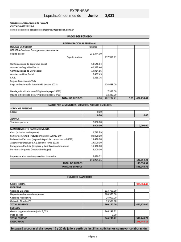 Liquidación Del Mes de Expensas: Junio 2,023 | PDF | Microeconomía | Dinero