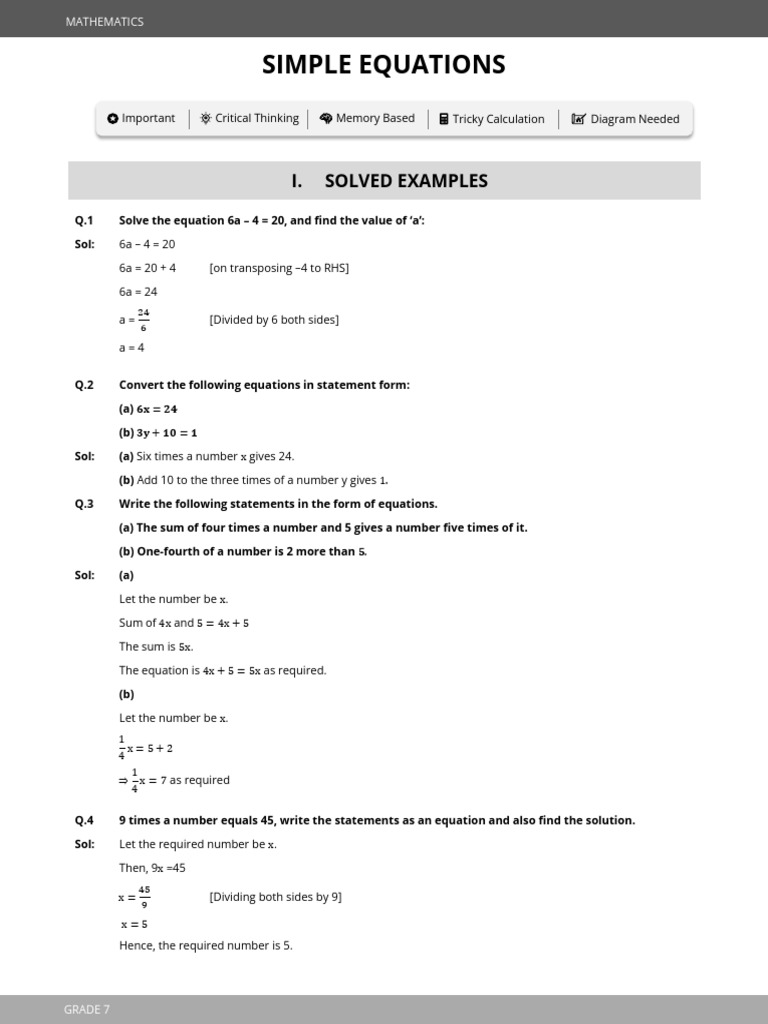 Grade 7 Simple Equations Guide | PDF | Equations | Numbers