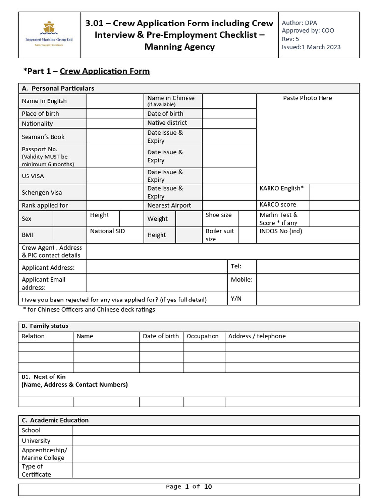3.01 - Crew Application Form Including Crew Interview & Pre-Employment ...