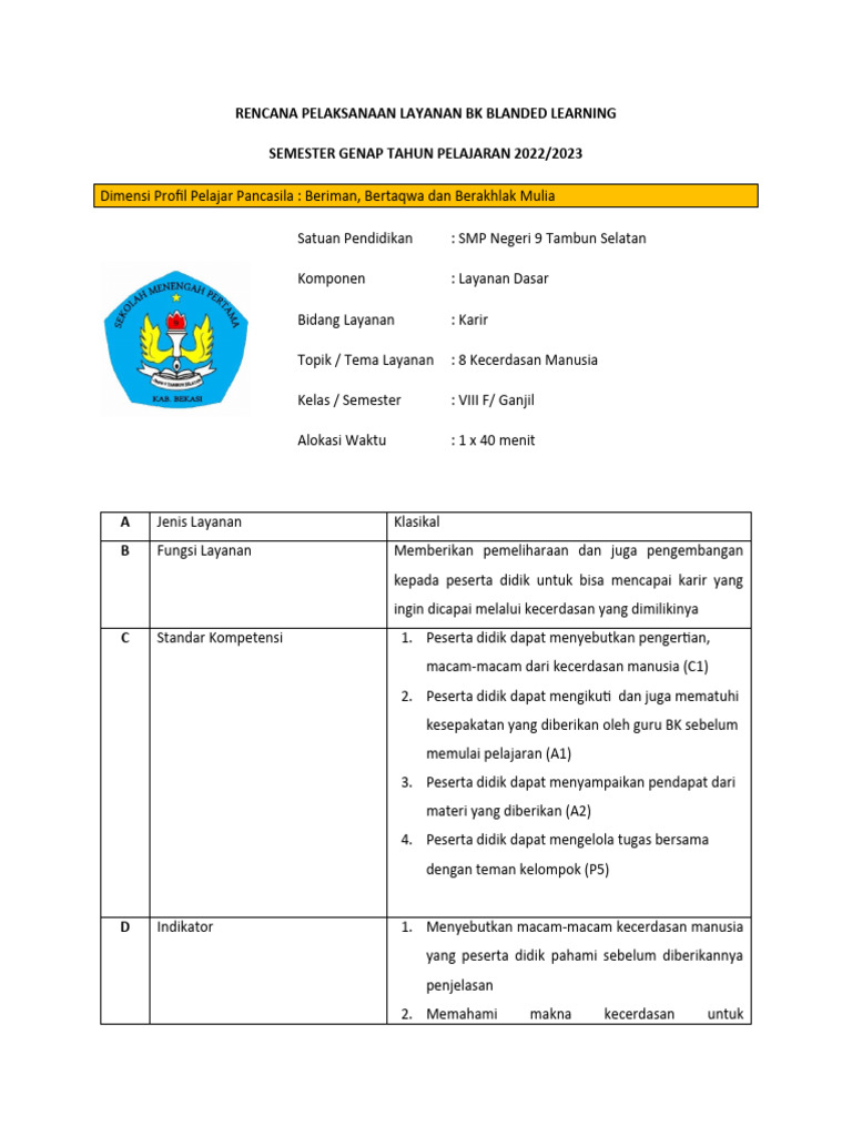 Rencana Layanan BK Kecerdasan Manusia | PDF