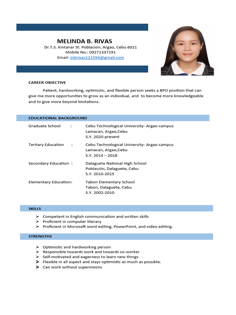 MELINDA RIVAS- RESUME for BPO | PDF