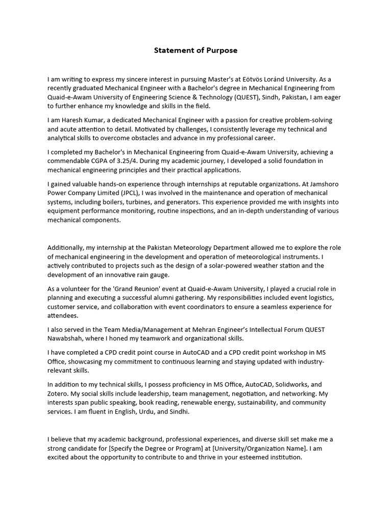 Statement of Purpose | PDF | Engineering | Mechanical Engineering